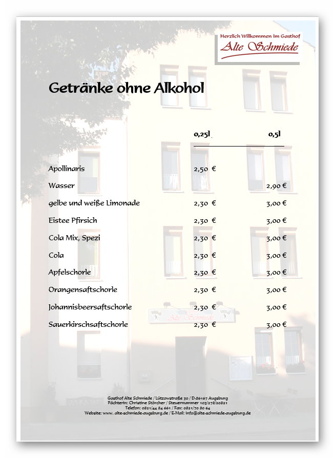 Getränkekarten - Alte Schmiede